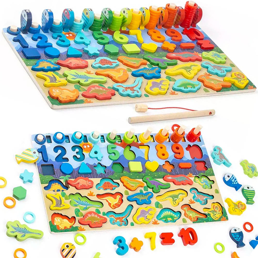 DREWNIANA UKŁADANKA EDUKACYJNA PUZZLE CYFRY GRA RYBKI DINOZAURY ...