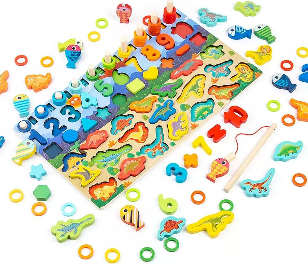 DREWNIANA UKŁADANKA EDUKACYJNA PUZZLE CYFRY GRA RYBKI DINOZAURY ...