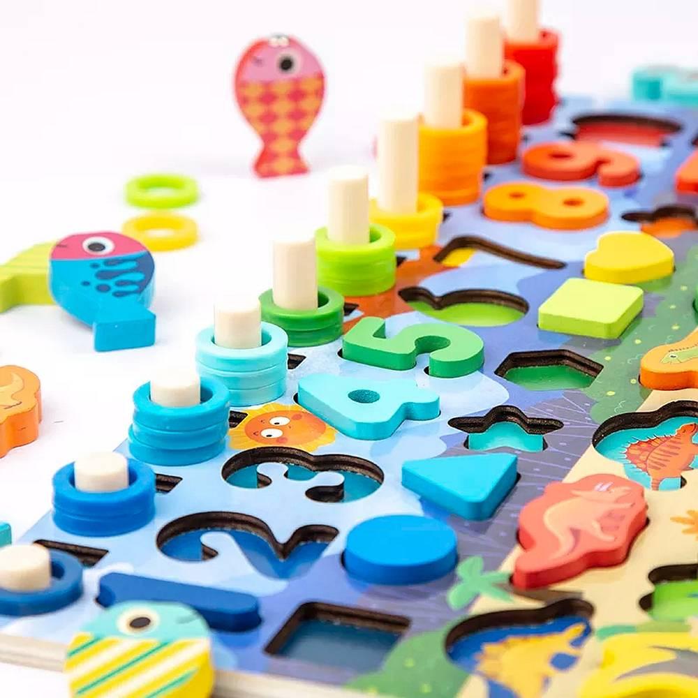 DREWNIANA UKŁADANKA EDUKACYJNA PUZZLE CYFRY GRA RYBKI DINOZAURY ...